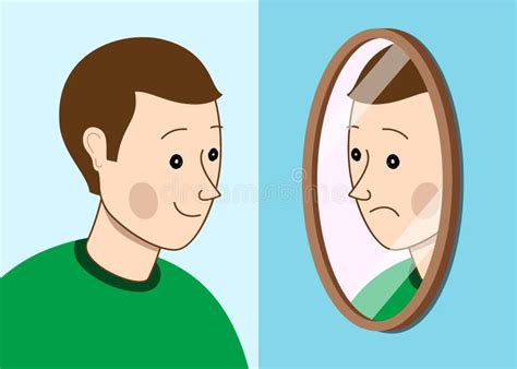 Smiling Man Looking At His Sad Face Reflection In The Mirror Anxiety