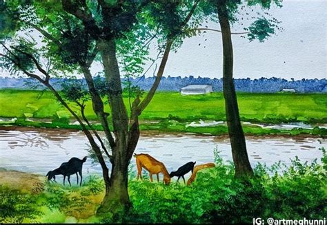Riverside Landscape Watercolor Painting