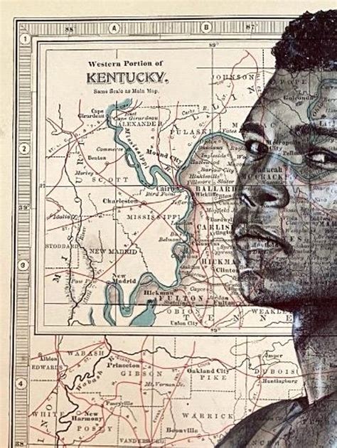 Muhammad Ali Cassius Clay Inspired Portrait Print Pen Drawing Over Map