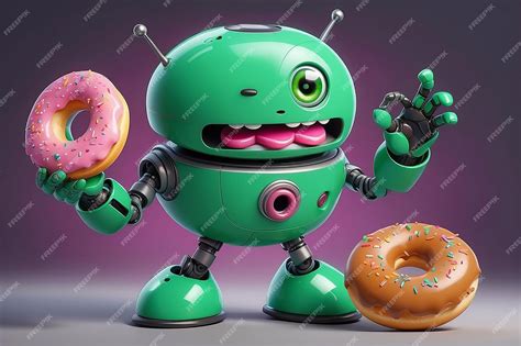 Premium Photo Green Robot With Donut Cartoon Character