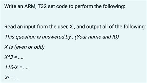solved write an arm t32 set code to perform the following