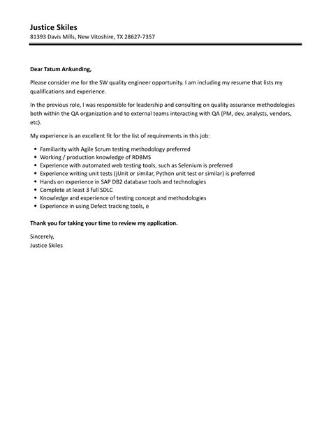 Sw Quality Engineer Cover Letter Velvet Jobs