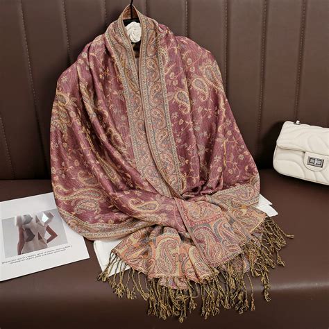 Luxury Pashmina Silk Scarf Shawl Wrap Paisley Jacquard Flowers Borders
