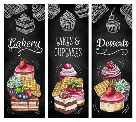 Pasteles De Postres Y Pancartas De Bocetos Vectoriales De Panadería
