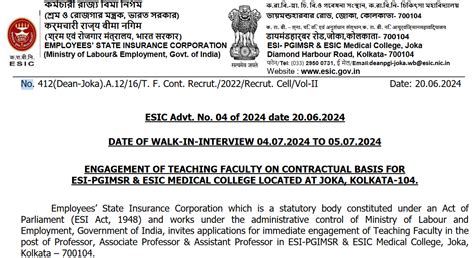 Esic West Bengal Senior Resident Recruitment 2024 Walk In For 57
