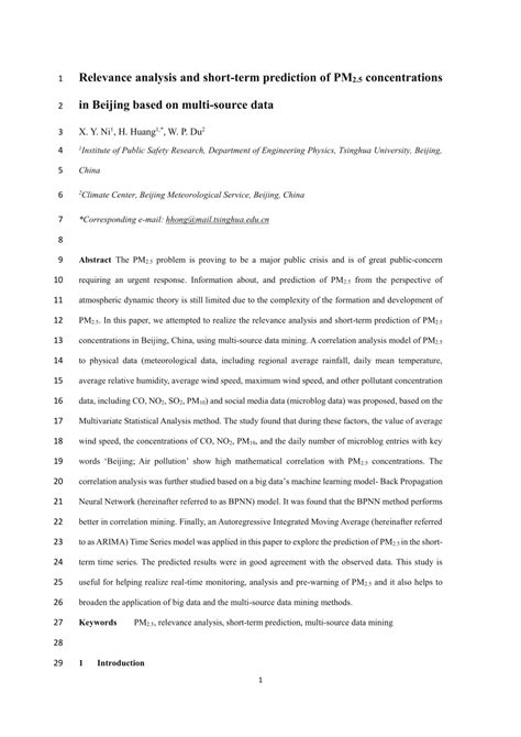 Pdf Relevance Analysis And Short Term Prediction Of Pm2 5 Concentrations In Beijing Based On