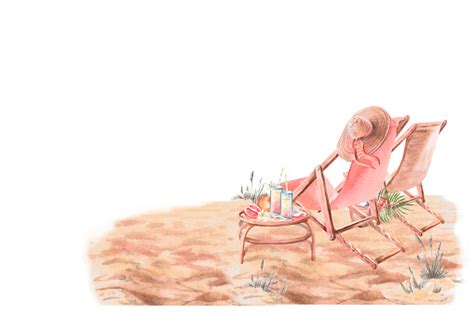 2 개의 일광욕 의자 뒤쪽 전망 및 모래 위에 서있는 주스가있는 테이블 레스토랑 관광 브로셔 디자인을 위한 해변 휴가를 주제로 한 고립된 수채화 그림 가구에 대한 스톡 벡터