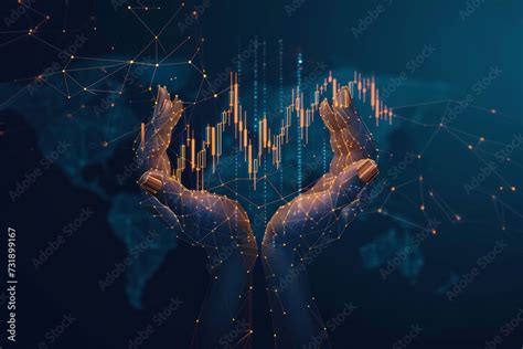 Low Poly Wireframe Of Hands Supporting Financial Candlestick Charts On