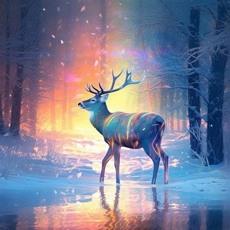 Premium AI Image Painting Of A Deer In A Snowy Forest With A Rainbow