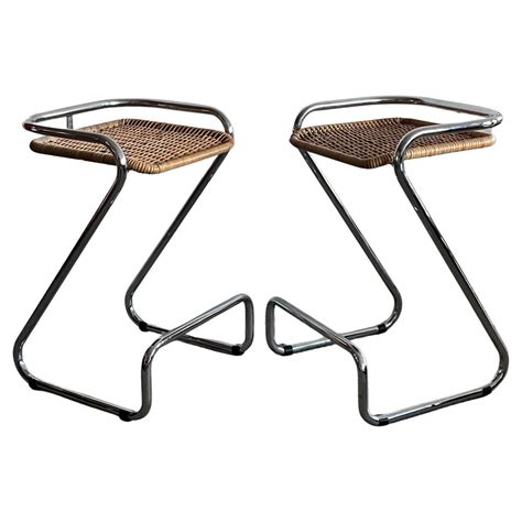 Pair Of Chrome And Wicker Bar Stools At 1stdibs