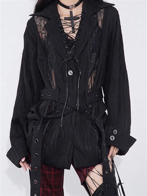 HOUZHOU Goth Lace Shirts Women Darkwear Gothic Design Long Sleeve