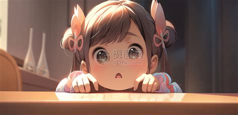 趴在桌子上好奇表情的可爱卡通小女孩插画图片下载 正版图片402528816 摄图网