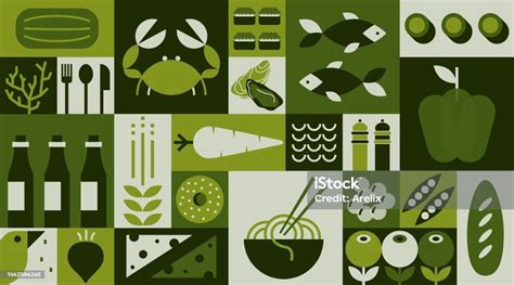 기하학적 음식 패턴입니다 간단한 과일 야채 해산물 식료품 배경 바우 하우스 스타일 유기농 제품 벡터 디자인 음식에 대한 스톡 벡터 아트 및 기타 이미지 Istock