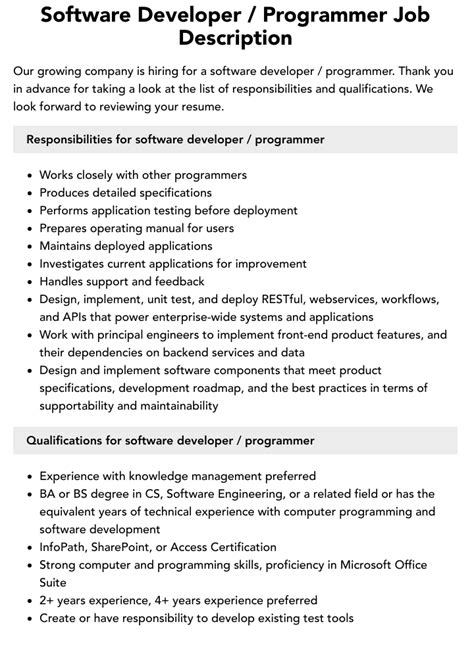Software Developer Programmer Job Description Velvet Jobs