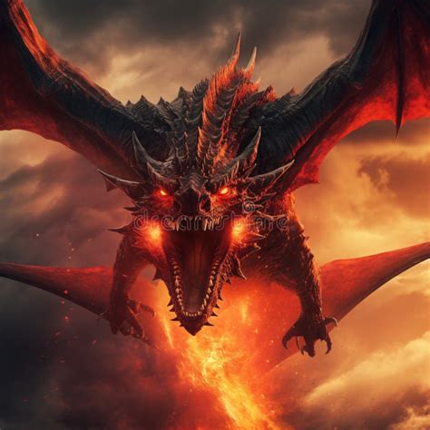 Evil Dragon Flying Spitting Fire Made With Generative Al Stock