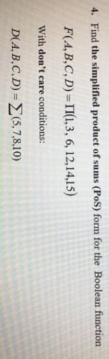 Solved Find The Simplified Product Of Sums Pos Form For