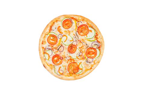 토마토 스쿼시 양파와 달콤한 고추 흰색 배경에 고립의 조각과 함께 완벽 한 피자 상위 뷰 건강에 좋지 않은 음식에 대한 스톡