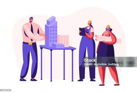 건축가 엔지니어 사무실에서 건물 프로젝트를 만듭니다 건설 계획을 돌출 하는 헬멧에 여자 노동자 빌더 작업 집 개발 엔지니어링 홈 디자인입니다 편평한 만화 벡터 일러스트