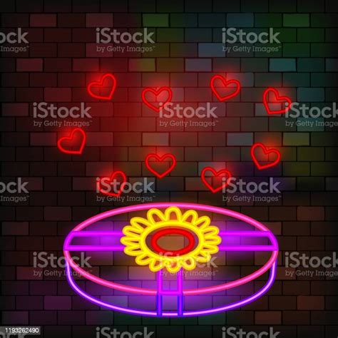 貴賓霓虹燈圖示霓虹燈禮品盒圖示與心在黑暗的磚牆背景扁平樣式向量插圖向量圖形及更多事件圖片 事件 剪裁圖 包裹 Istock
