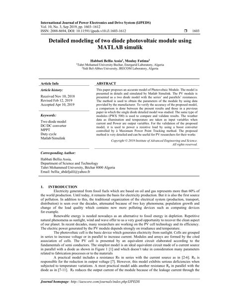 PDF Detailed Modeling Of Two Diode Photovoltaic Module Using MATLAB Simulik