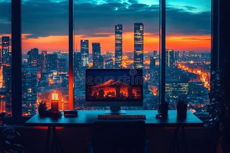 A Modern Workspace Overlooking A Vibrant City Skyline At Dusk Stock Image Image Of Tranquility