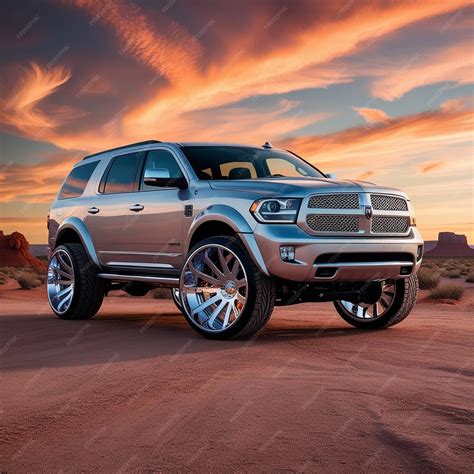 A Lone Sleek Suv With Oversized Chromed Wheels Aggress Premium Ai Generated Image