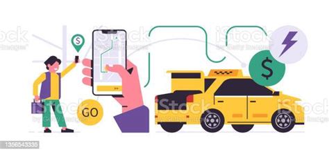 택시 주문 서비스 모바일 응용 프로그램 개념 스마트폰 디스플레이의 도시 지도에서 택시를 예약한 핸드 자동차 트렁크 승객 아이콘