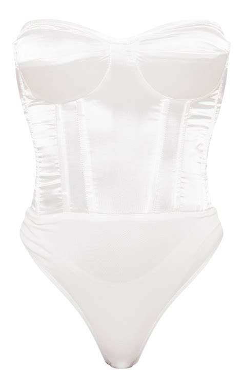 White Satin Corset Bodysuit Tops Prettylittlething Ksa