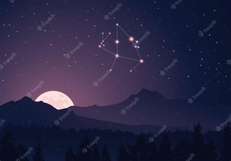 밤하늘의 별자리 Auriga 산 풍경 달빛 별이 빛나는 하늘 프리미엄 벡터