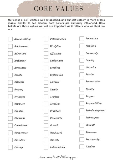 Core Valuestherapy Worksheetscounseling Resourcespsychologycbt