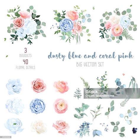 Biru Berdebu Blush Pinkand Coral Rose Hydrangea Putih Ranunculus Peachy