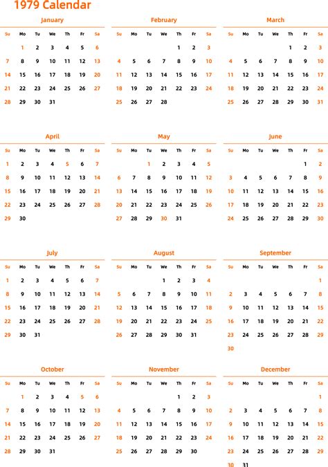 日历表1979年日历 英文版 纵向排版 周日开始 带节假日调休安排 模板[df004] 日历精灵