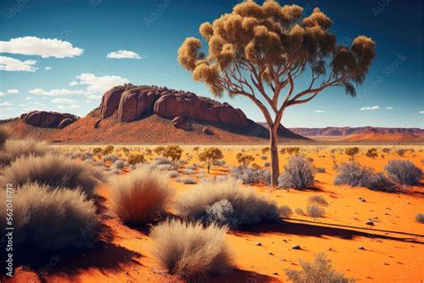 An Illustration Of An Australian Outback Landscape With Orange