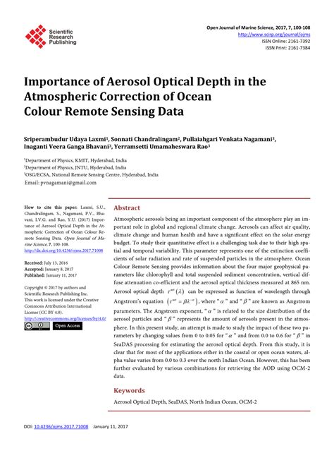 Pdf Importance Of Aerosol Optical Depth In The Atmospheric Correction Of Ocean Colour Remote