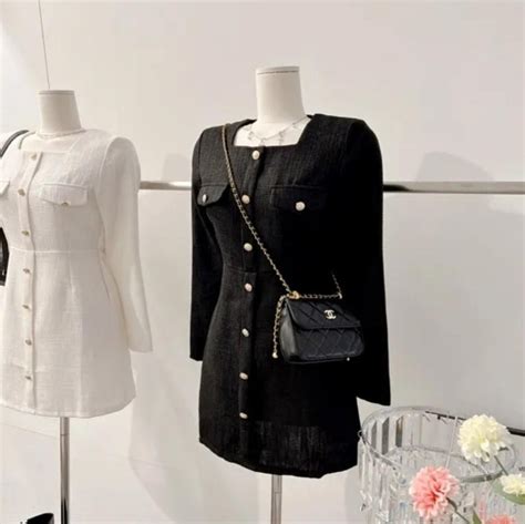 트위드 금장 버튼 뒷밴딩 스퀘어넥 원피스 블랙 세컨웨어헬로마켓