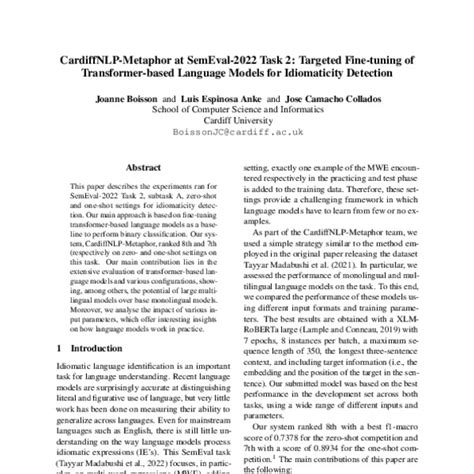 Cardiffnlp Metaphor At Semeval 2022 Task 2 Targeted Fine Tuning Of Transformer Based Language