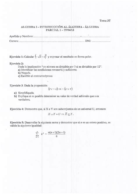 Examen Abril Preguntas Y Respuestas Tema T ALGEBRAIINTRODUCCENHALALGEBRA ALGEBRA
