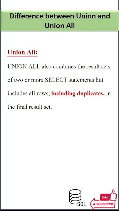 Difference between Union and Union All in SQL Server #sqlserver - YouTube