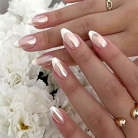 Amazon French Tip Almond Press On Nails Medium Fake Nails With