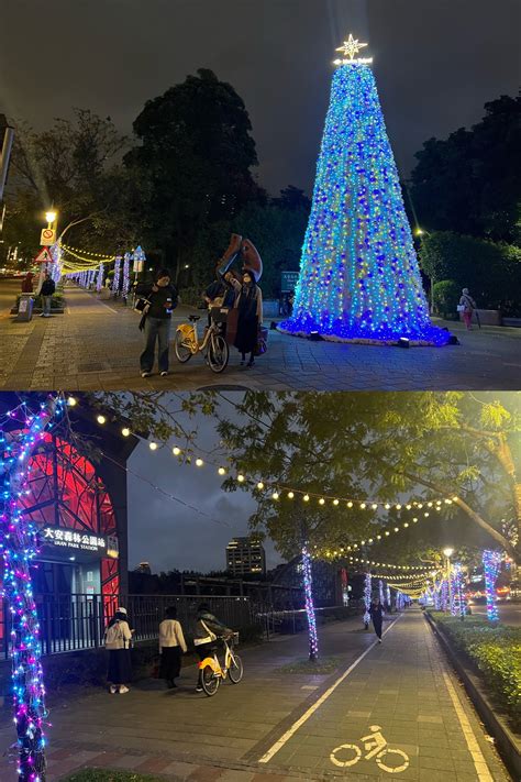 張哲生 大安森林公園的藍色聖誕樹好美 ️ 2023年12月16日傍晚，臺北市大安區信義路和新生南路口，張哲生攝。