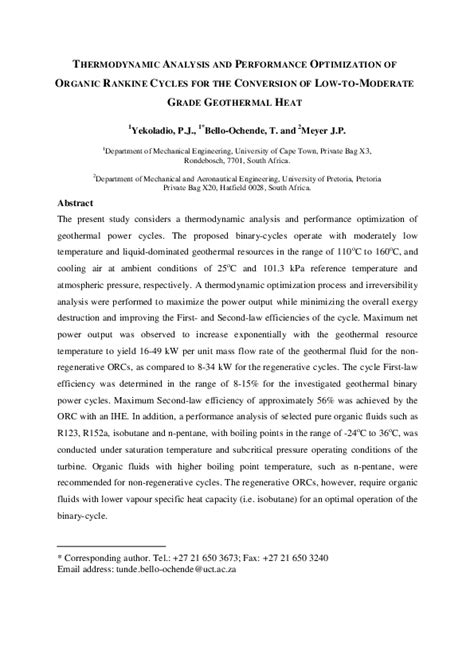 Pdf Thermodynamic Analysis And Performance Optimization Of Organic Rankine Cycles For The