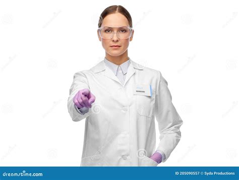 Female Scientist In Goggles Pointing To Camera Stock Image Image Of