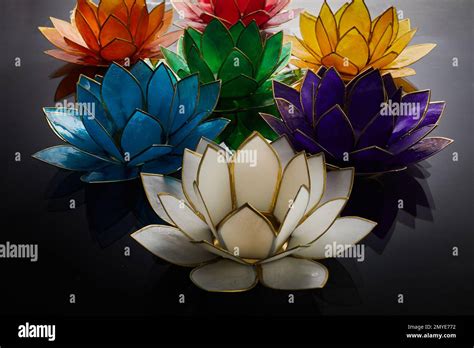 Lotus Vesak Lanterns Floating On Water With Light Reflection Stock