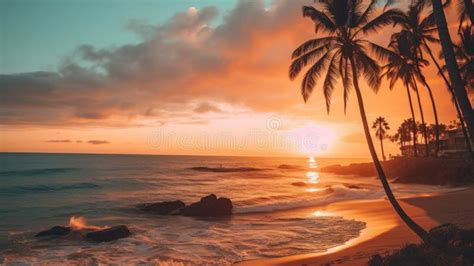 The Sun Is Setting Over The Ocean With Palm Trees Generative Ai Image
