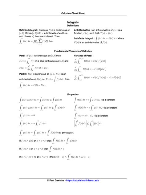 Calculus Cheat Sheet Integrals Pdf Calculus Mathematical Analysis