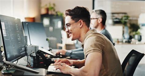 Computer Typing And Web Development With Happy Man In Creative