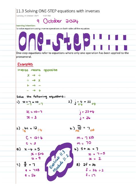 113 Notes Solving One Step Equations Using Inverse Operations Lesson