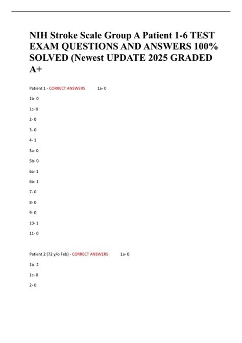 Summary NIH Stroke Scale Group A Patient 1 6 TEST EXAM QUESTIONS AND ANSWERS 100 SOLVED Newest