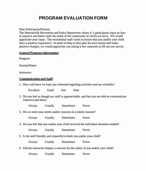 Project Evaluation Plan Template Unique Program Evaluation Forms To