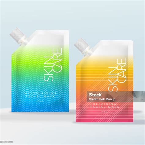 헬스케어 뷰티 스킨케어 제품 또는 에너지 음료를 위한 리브드 스크류 캡이 있는 벡터 봉지 백 또는 파우치 생생한 그라데이션 기하학적 패턴 인쇄 페이셜 마스크에 대한 스톡
